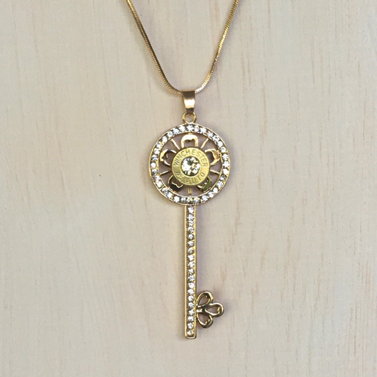 45 Caliber Gold and Crystal Key Necklace - Smok'n Hot Brass